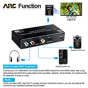 avedio links HDMI Switch Audio Extractor, HDMI Switch Splitter 2 Inputs 1 Output with Remote 4K@60hz, 2-Port HDMI2.0b Switcher Box with Optical Toslink SPDIF+Coaxial+Analog RCA Stereo Audio Out