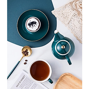 Jusalpha Dark Turquoise Green Fine China 16 OZ Teapot- Tea cup- Saucer Set, Tea-for-One set #08