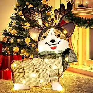 DROFELY 27”Christmas Corgi Lighted up Decoration for Indoor Display with LED Lights, Lighted 2D Christmas Dog with 20 Warm White Lights Decorative Christmas Tree,Home Xmas Holiday Addition AZ23GF-10