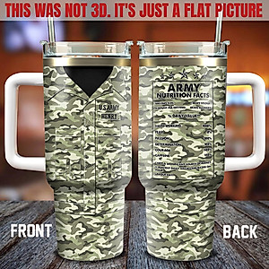 WAZONE Personalized Army Nutrition Facts Tumbler 40oz with Handle and Straw Custom Name Travel Cup Mug Camouflage Pattern Veteran Insulated Stainless Steel Gifts For Veterans Day Military Men