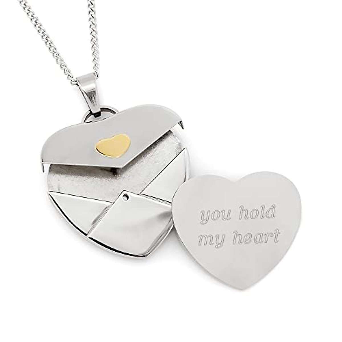 Women's Stainless Steel Engravable Gold Heart Envelope Locket, (20" long chain) - Personalized Secret Locket Necklace - Heart Locket - Custom Necklaces for Women - Gifts for Mom - Gifts for Mom