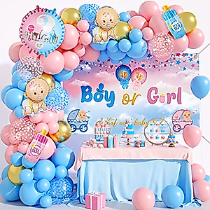 Gender Reveal Decorations Pastel Blue Pink Balloon Garland Arch Kit with Boy or Girl What do You Think Banner Backdrop Boy Girl Foil Mylar Balloons Gender Reveal Party Supplies