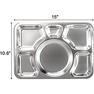 Hacaroa 4 Pack Stainless Steel Divided Dinner Plates, 15x10.6 Inches Snack Serving Plate with 6 Compartment, Metal Food Trays for Adults, Diet Food Portion Control, Picky Eaters