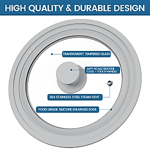 TOPULORS Universal Lid for Pots, Pans, and Skillets - Tempered Glass Lid with Silicone Rim Fits 8", 9", 9.5" Inner Diameter Cookware Frying Pan Cover Replacement Lid - Dishwasher Safe, Grey