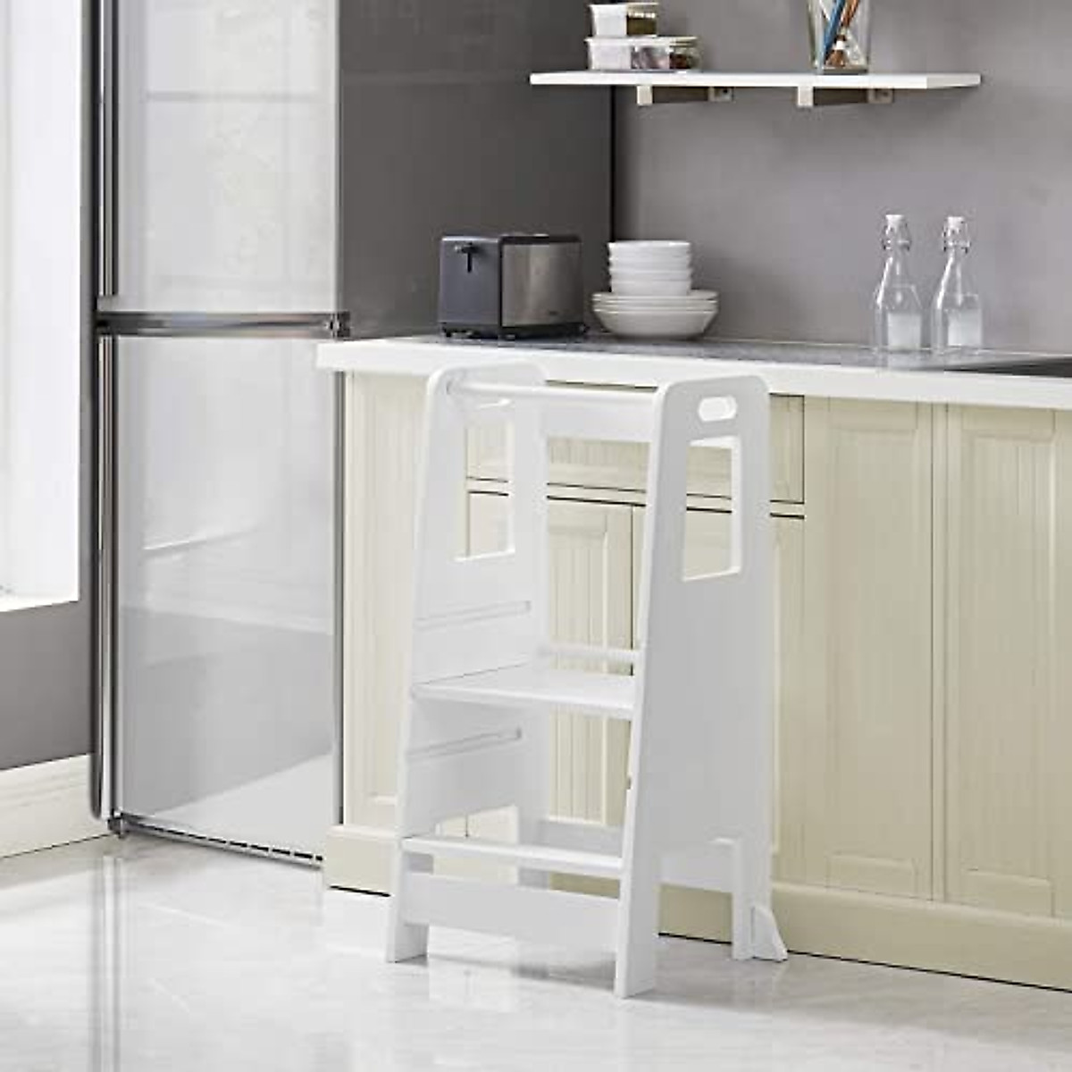 Kid's Wooden Kitchen Step Stool, 220lbs Capacity, Adjustable Platform Standing Tower, with Safety Guardrail Child Studying Tower, Toddler Stool for Bathroom, Cooking Helper（White