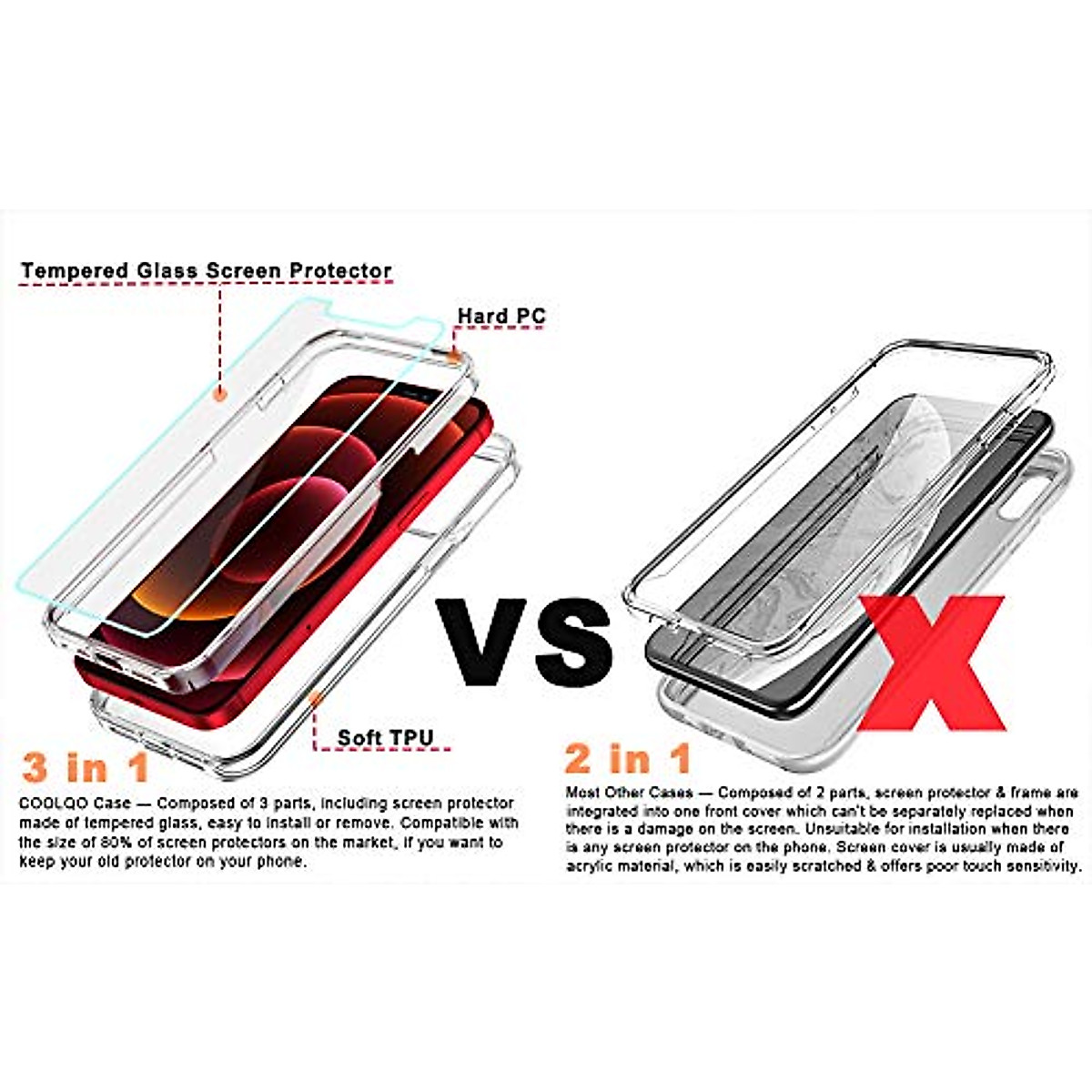 COOLQO Compatible for iPhone 12 /iPhone 12 Pro Case 6.1 Inch, with [2 x Tempered Glass Screen Protector] Clear 360 Full Body Silicone Protective Shockproof for iPhone 12/12 Pro Cases Phone Cover