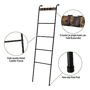 Blanket Ladder Metal Black Blanket Holder with Hooks Leaning Towel Rack Blanket Ladders for The Living Room Bathroom Bedroom (Matte Black)