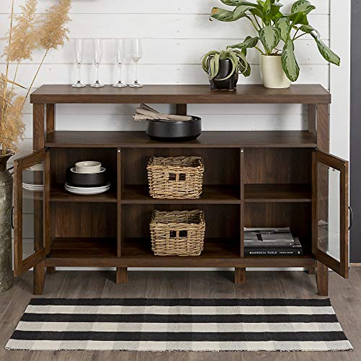 Walker Edison Tall Wood Universal TV Stand with Open Storage For TV's up to 58" Flat Screen Living Room Storage Entertainment Center, 52 Inch, Dark Walnut