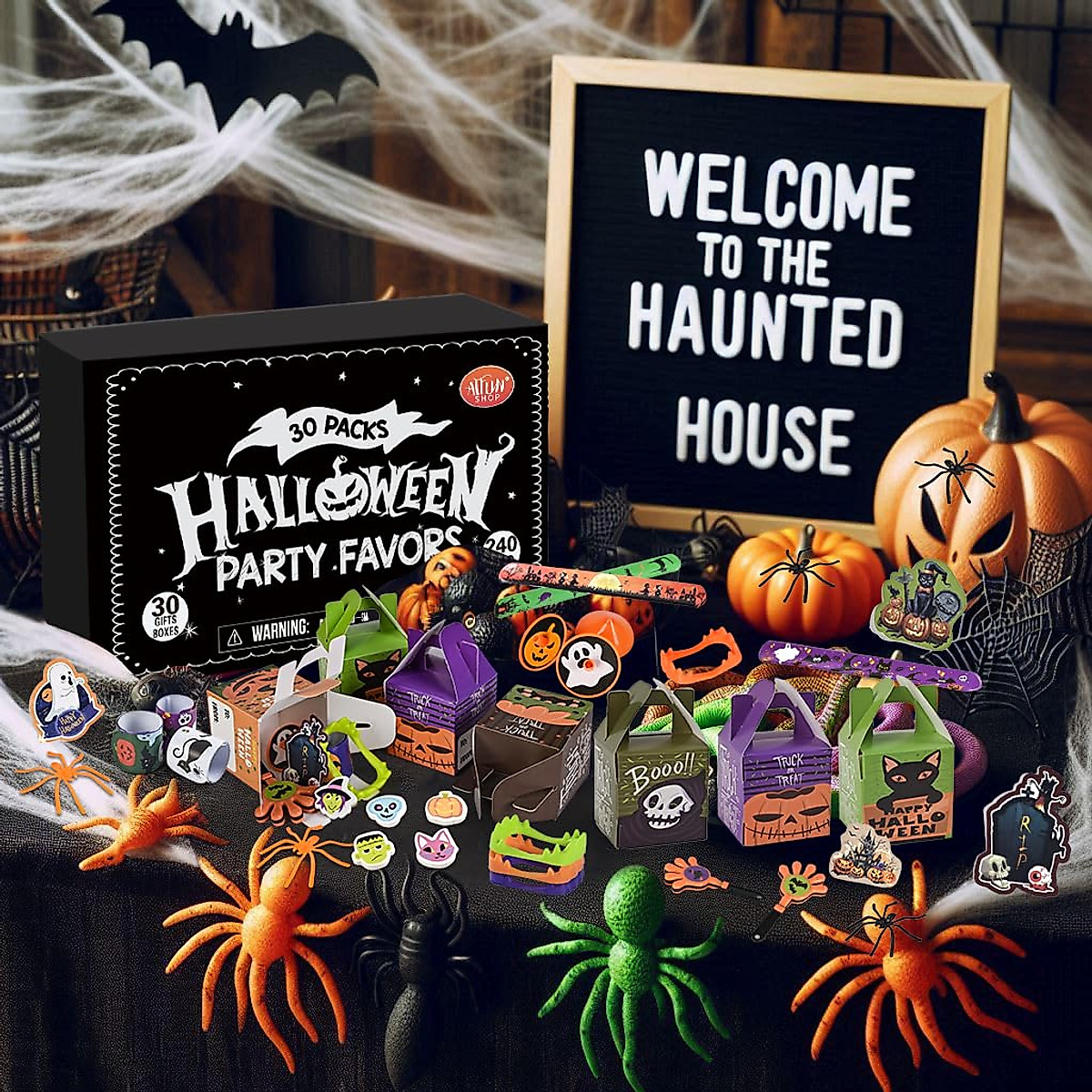 ATFUNSHOP 30PACKS Halloween Treat Boxes and Party Favors 240PCS Trick or Treat Candy Boxes for Classroom Students Exchange Halloween Carnival Prizes