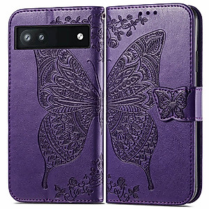 Designed for Pixel 6A Case Wallet,Women Flip Cover with Butterfly Embossed PU Leather Kickstand Credit Card Holder Slots Wrist Strap Protective Phone Case for Google Pixel 6A (2022) (Purple)