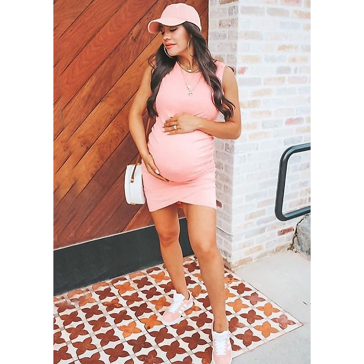 BTFBM Women 2024 Summer Sleeveless Tank Dresses Crew Neck Slim Fit Short Casual Ruched Bodycon Party Club Mini Dress(Pink, Medium)