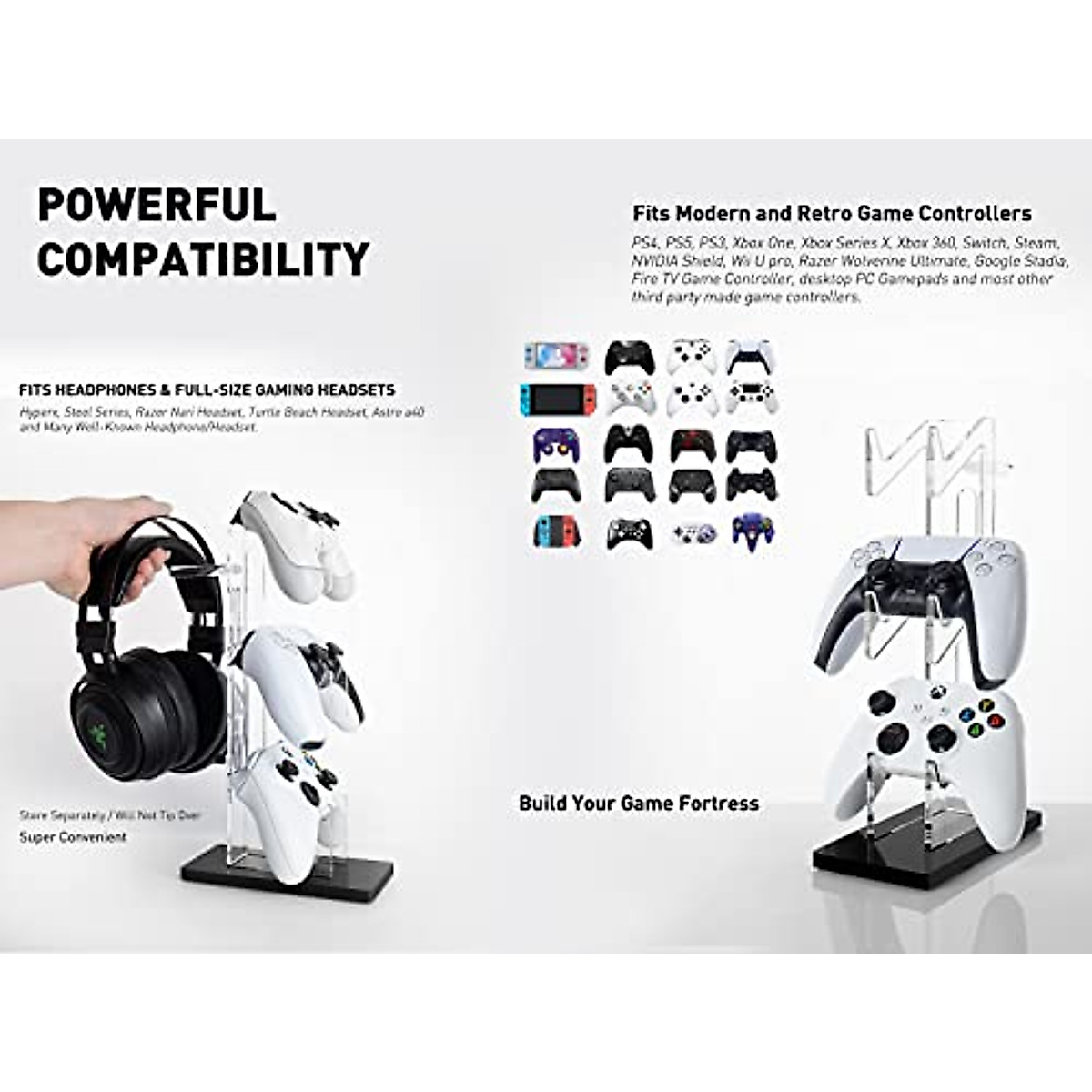 OAPRIRE Universal 3 Tier Controller Holder and Headset Stand for PS4 PS5 Xbox ONE Switch, Controller Stand Gaming Accessories, Build Your Game Fortresses (Black)