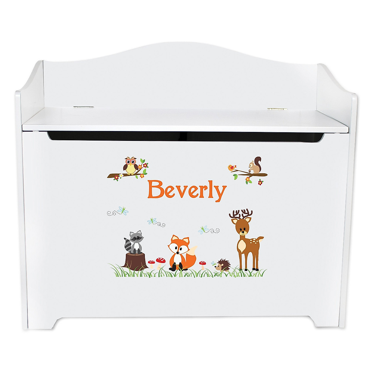 My Bambino Personalized Toy Box Bench Woodland Forest Animals White Wooden Toy Bin with lid - Chest for Toys Storage and added Nursery Playroom Bedroom Decor Seat Organizer