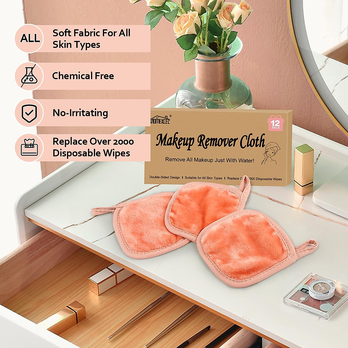 HOMEXCEL Makeup Remover Cloth 12 Pack, Reusable Makeup Remover Pads, Washable Ultra Soft Facial Cleansing Cloths For All Skin Types, 5 X 5 In, Pink