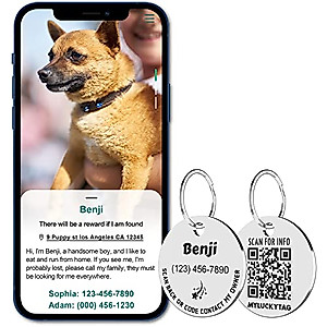 MYLUCKYTAG Personalized Pet ID Tags Dog Tags - Stainless Steel QR Code ID Tags - Pet Online Profile - Send Pet Location Alert Email When Scanning