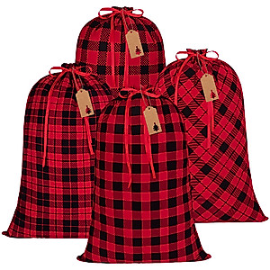 Aneco 4 Pack Big Christmas Buffalo Plaid Drawstring Gift Bags Red and Black Plaid Cotton Christmas Gift Bag Fabric for Xmas Game Party Supplies Santa Claus Backpacks, Extra Large Size 31.5 x 21.7 Inch