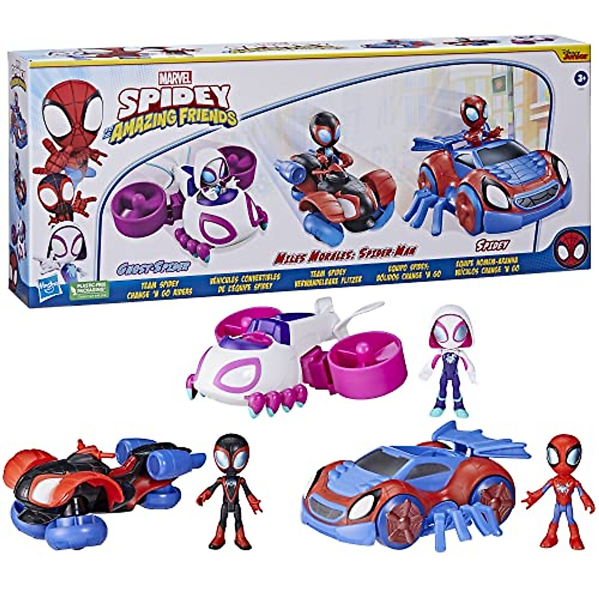 Spidey and His Amazing Friends Team Spidey Change ‘N Go Riders Playset, 3 Toy Cars and Action Figures, Marvel Super Hero Toys for 3 Year Old Boys and Girls and Up (Amazon Exclusive)
