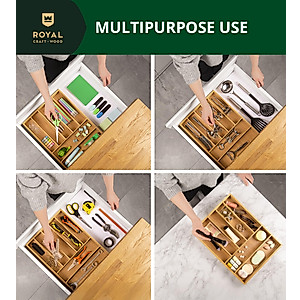 ROYAL CRAFT WOOD Luxury Bamboo Kitchen Drawer Organizer - Silverware Organizer and Cutlery Tray with Grooved Drawer Dividers for Flatware and Kitchen Utensils (7 Slot, Natural)