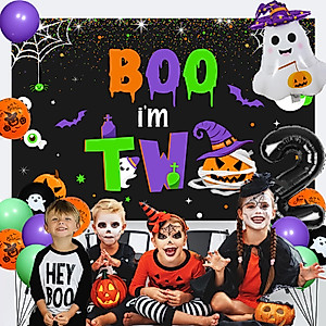 kreat4joy Boo Im Two Decor Birthday Backdrop Banner, Halloween 2nd Birthday Party Decorations, Black Orange Purple Green Halloween Balloons Cake Cupcake Toppers 2 Year Old Boys Girls Birthday Party