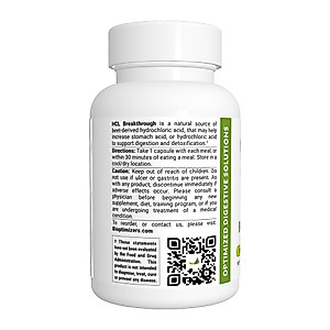 BiOptimizers HCL Breakthrough - Betaine Hydrochloride Enzymes Supplement - Assists with Protein Breakdown and Absorption - Helps Gas and Heartburn Relief - 90 Pepsin-Free Capsules