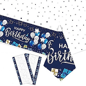 UOMNICUE Happy Birthday Tablecloths, 2 Pack Navy Blue and Silver Waterproof Stainproof Plastic Disposable Rectangle Birthday Table Cover for Kids Boys Girls Baby Shower Birthday Party Decorations