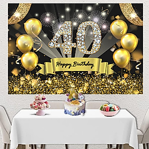 Happy 40th Birthday Backdrop Banner ,40 Years Old Birthday Decorations Party Supplies Black and Gold Party Decorations for Women Men Cake Table Decor Banner Photo Booth Props 71×45inch- Black Gold