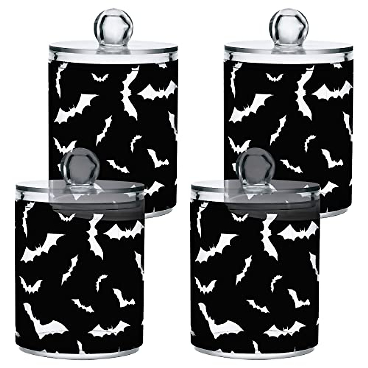 Swarm Of Bats on The Black Background Clear Plastic Storage Jars with Lids, Bathroom Vanity Storage Organizer Holder Canister for Cotton Swabs,Makeup Sponges, Flossers,Bath Salts,4 Pack