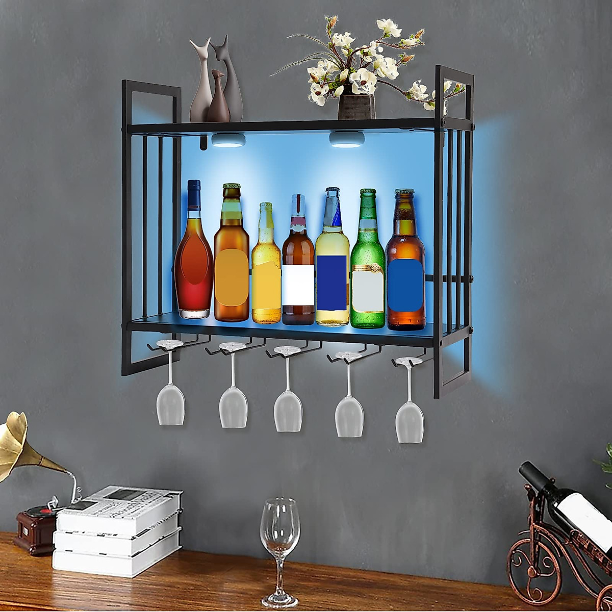 Gdrasuya10 LED Light Wine Rack Wall Mounted, Wine Bottle Display Rack Shelf Stemware Rack Metal Wine Storage Rack Hanging Wine Shelf for Home Decor 24 inch