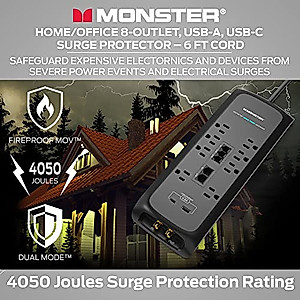 Monster Black Heavy Duty Surge Protector Power Strip 6 ft Cord with 8 120V-Outlet Extension, 2 Ethernet Switch Ports, 4050J Rating, 1 USB-A, and 1 USB-C Charging Ports – Ideal for Computers and Office