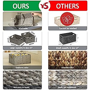 ROSOS Wicker Baskets 2 Pack, Wicker Storage Basket with Handles, Large Wicker Baskets for Storage, Waterproof Wicker Baskets for Organizing, Large Storage Baskets Wicker 15" and Medium 14", Grey