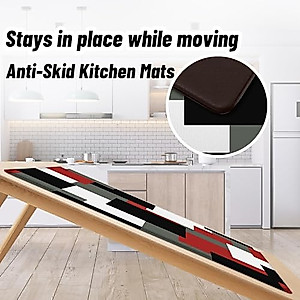 chiinvent Red Black Kitchen Rugs Mats Set of 2 Cushioned Anti Fatigue Kitchen Floor Mat White and Grey Geometric PVC Non-Slip Waterproof Comfort Standing Mats for Kitchen Office, 17"x 47"+17"x 28"