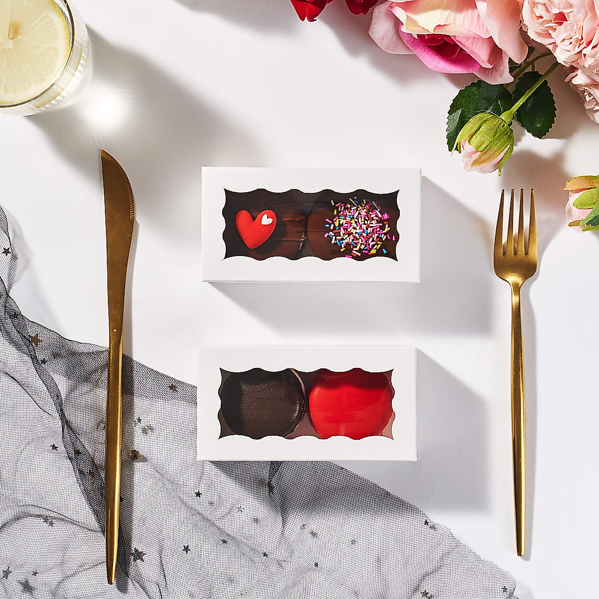 JCXGRVC 24PCS 4.17x2.16x1.37 Inches Elegant White Double Favor Boxes with Clear Window for Macaron, Chocolate, Small Cookies, Party Baby Showers Candy Treat Boxes