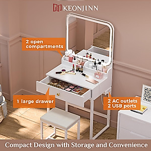 Keonjinn White Vanity Mirror with Lights, LED Makeup Vanity Desk with Large Drawer & 2 Makeup Trays & Chair, 7000 Lux Vanity Table with Lighted Mirror & Power Outlet, CRI＞90 Vanity Set for Bathroom