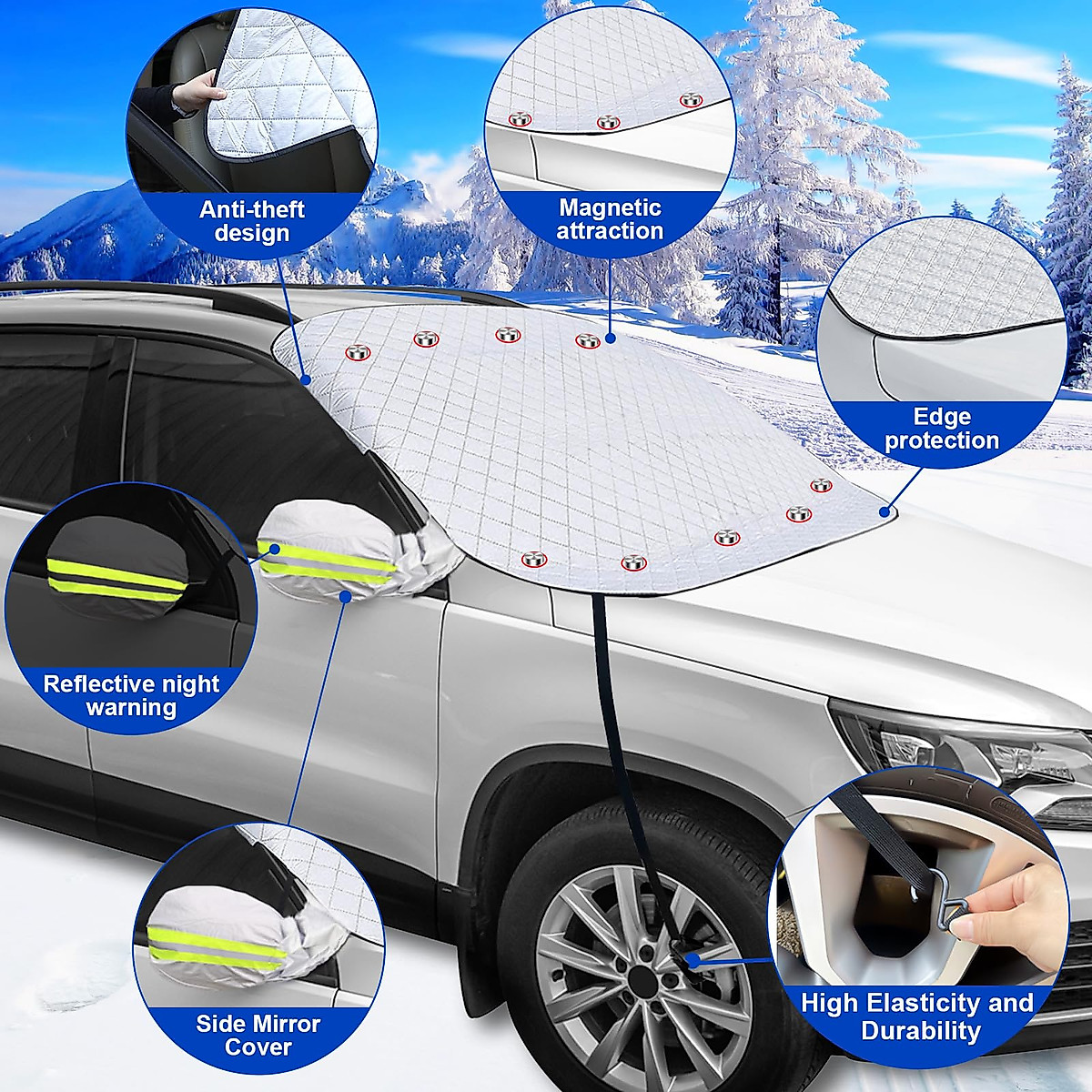 Car Windshield Snow Cover for Ice and Snow,Winter Car Snow Cover with Magnetic Edges and Windproof Webbing Straps,Windscreen Frost Protector Covers,for Most Car SUV RV Vans and Trucks (65'' X 49.6'')