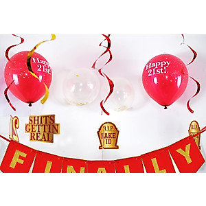 FINALLY LEGAL Red & Gold Party Pack - 21st Birthday Banner, Balloon and Swirls Pack- Birthday Decorations - 21st Birthday Party Supplies, Favors and Gifts