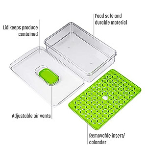 Goodful Produce Keeper, Adjustable Air Vents, Removable Insert/Colander, Durable Food Safe Material, Stackable, Clear and Green, Flat, 11.6" x 6.8" x 2.8"