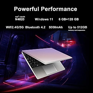 WOZIFAN 14" Laptop 6GB RAM 128GB SSD Support 1TB SSD Expansion Traditional Laptops Win 11 2.4G+5G WiFi Bluetooth 4.2 USB HDMI 1920x1080 FHD with Wireless Mouse for Work Study Entertainment-Silver
