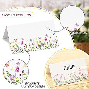 Whaline 100Pcs Floral Place Cards 3.5 x 2 Inch Wildflower Butterfly Tented Cards Seating Cards Blank Table Name Signs for Spring Holiday Buffet Party Table Setting Supplies