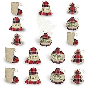 OWUYUXI 16 Pcs Burlap Christmas Ornaments 2020 Set, Funny Unique Mini Christmas Tree Ornaments Bulk, Rustic Christmas Decorations Clearance Decor, Small Red Plaid Christmas Stockings/Ball/Tree/Bell