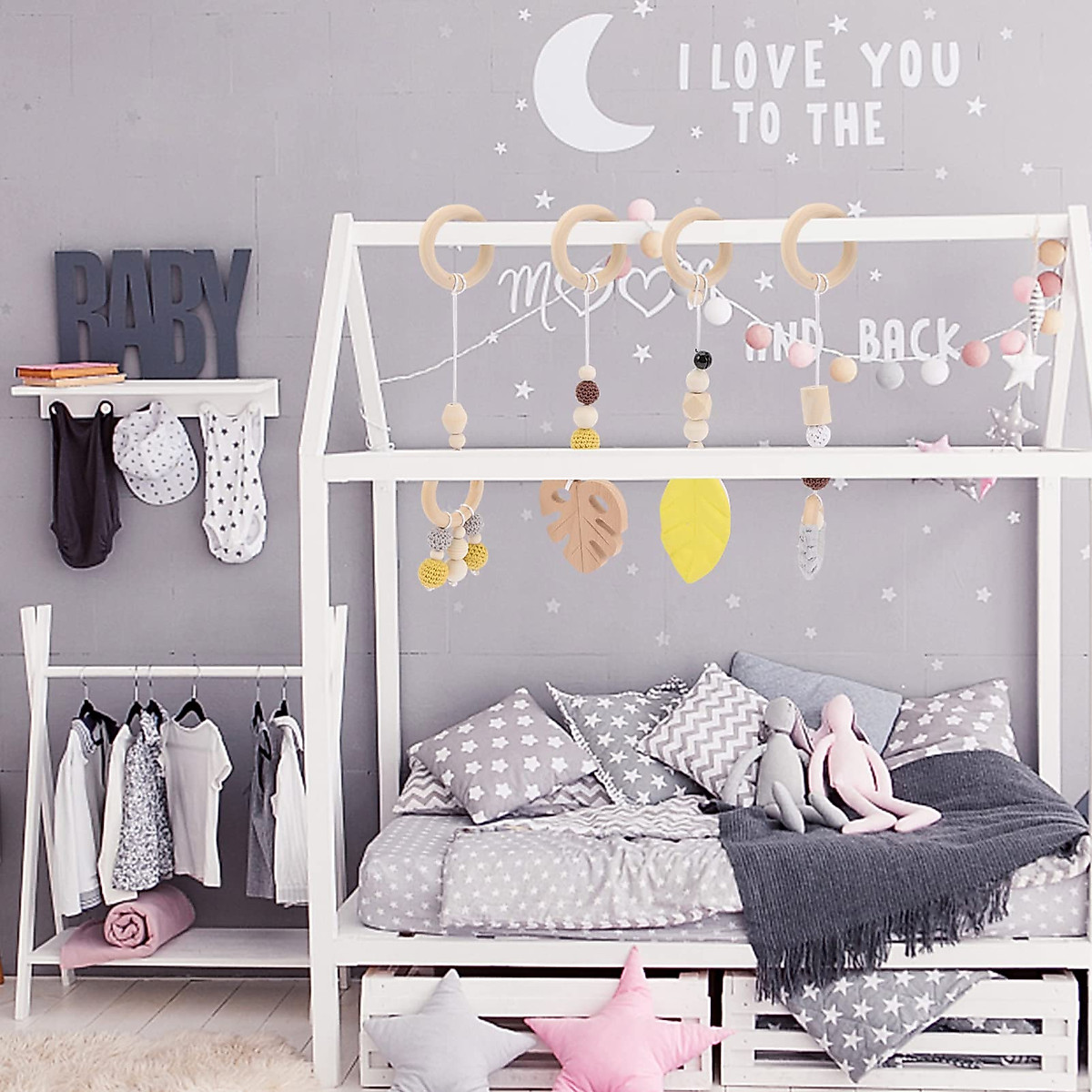 Toddmomy Wood Baby Gym with 4 Wooden Pendant Toys Wooden Gym Hanging Toys, Wooden Hanging Toys Baby Play Gym for Newborn Gift （ Yellow ）