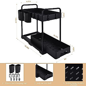 2 Pack Under Kitchen Sink Organizers Storage, 2-Tier Sliding Under Bathroom Cabinet Storage Drawer Organizer with Hooks, Hanging Cup, Handles, multi-purpose Under Sink Shelf Organizer, Black