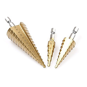 Dtacke 3pc 1/4" Hex shank Titanium Coated HSS Steel Step Drill Bit Cone Drill Hole Metal Cutter Bit Set