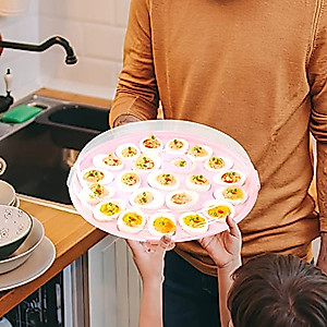 HANSGO Deviled Egg Platter, Pink Deviled Egg Containers with Lid Plastic Deviled Egg Keeper Platter Carrier for Holiday Season Table Party, 22 Egg Slots