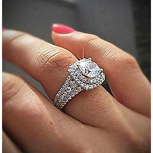 Wenbin New Princess Square Simulation Diamond Ring Double-Layer Super-Flash Zircon Ring Cubic Zirconia Promise Halo Engagement Wedding Band Ring for Women Size 6-10" (US 8)