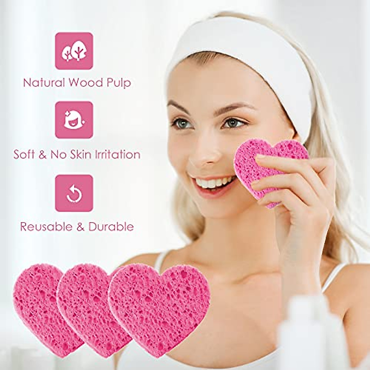 Nuenen 60 Pieces Facial Sponges with Container, Heart Shape Compressed Face Sponges Natural Cleaning Pads for Washing Face Cleaning Exfoliating Esthetician Makeup Removal(Pink)