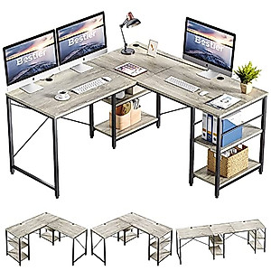 Bestier L Shaped Desk with Shelves 95.2 Inch Reversible Corner Computer Desk or 2 Person Long Table for Home Office Large Gaming Writing Storage Workstation P2 Board with 3 Cable Holes, Grey Oak