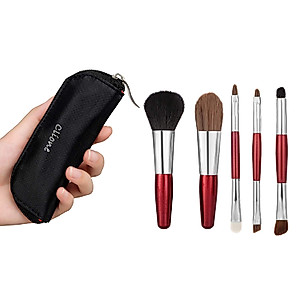 Protable Mini Makeup Brushes Set with Travel Case,5PCS Cosmetic Brushes Kit(Natural and Synthetic Hair)-Includes Foundation-Contouring-Blending-Blush And Eyeshadow Brushes(Travel Size) Red