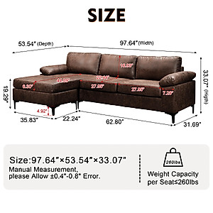 HOOOWOOO 97.6" Sectional Couch Sofa Modern L Shape Modular Sectional Sofa with Reversible Chaise Pillow Arms Solid Wood Frame for Living Room Apartment,Chocolate Brown Faux Leather