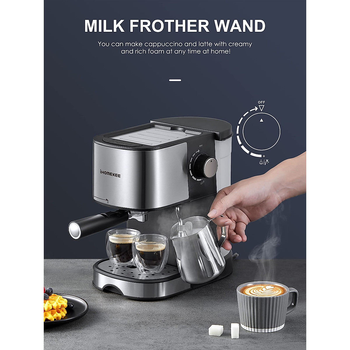 Ihomekee Espresso Machine 15 Bar Pump Pressure, Espresso and Cappuccino Coffee Maker with Milk Frother/Steam Wand for Latte, Mocha, Cappuccino, Silver - CM6826T