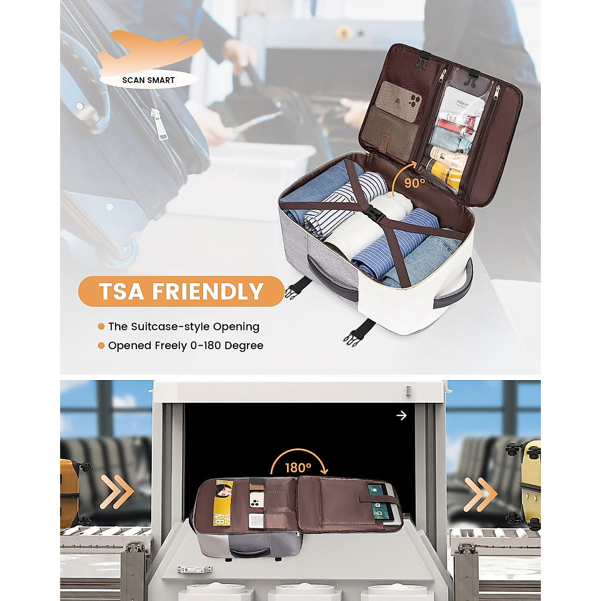 LOVEVOOK Travel Backpack for Women, TSA Carry On Backpack Flight Approved Luggage, 40L Water Resistant Personal Item Daypack Large Weekender Bag fit 17 inch Laptop with 3 Cubes, Beige Grey